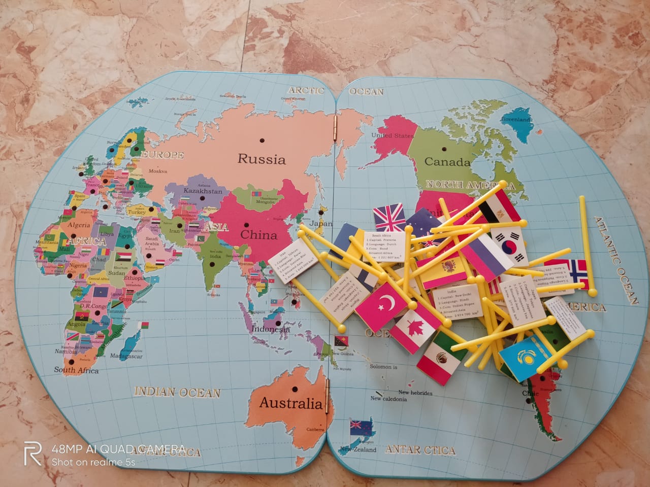 Wooden world map with Flag