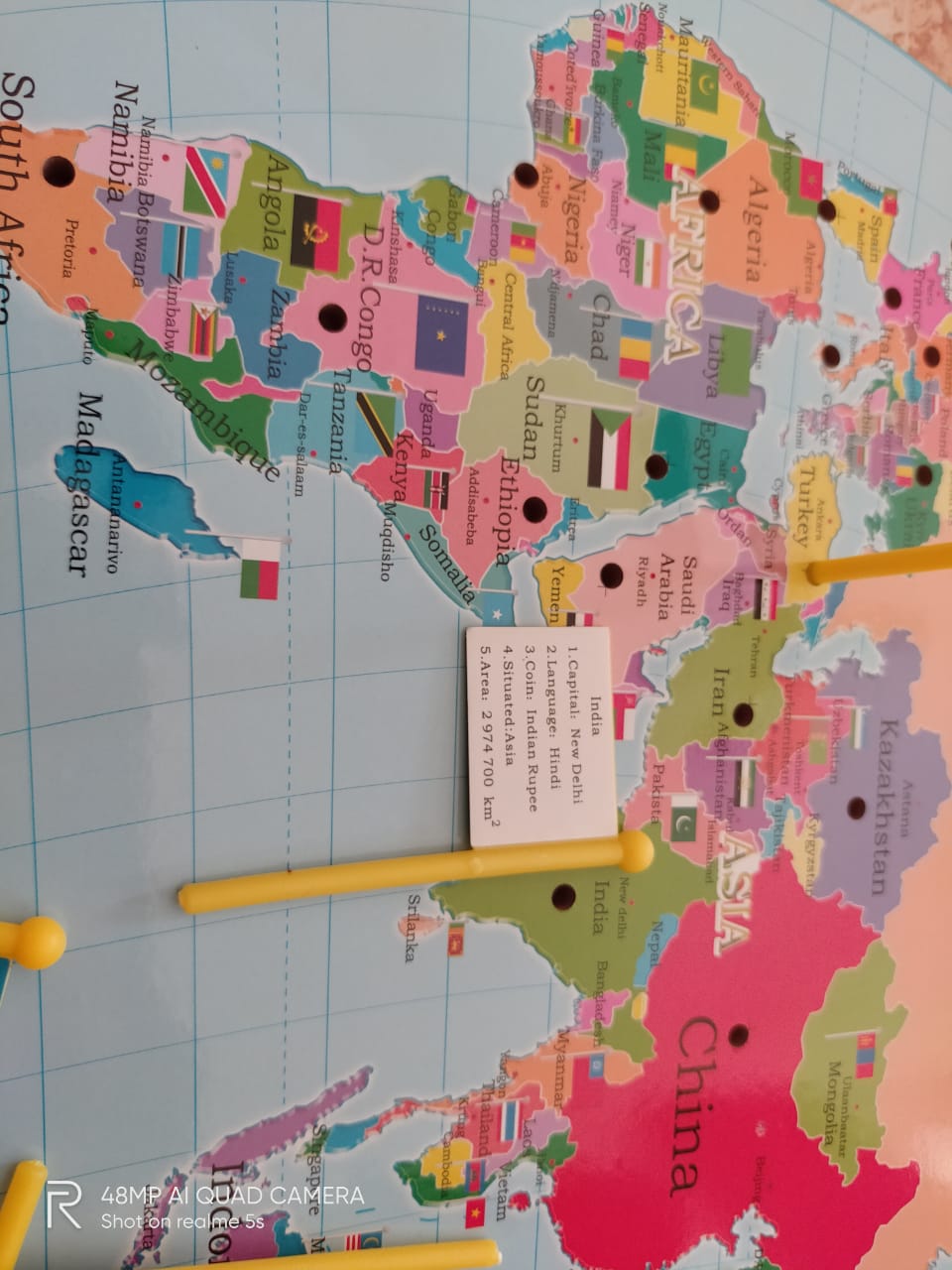 Wooden world map with Flag