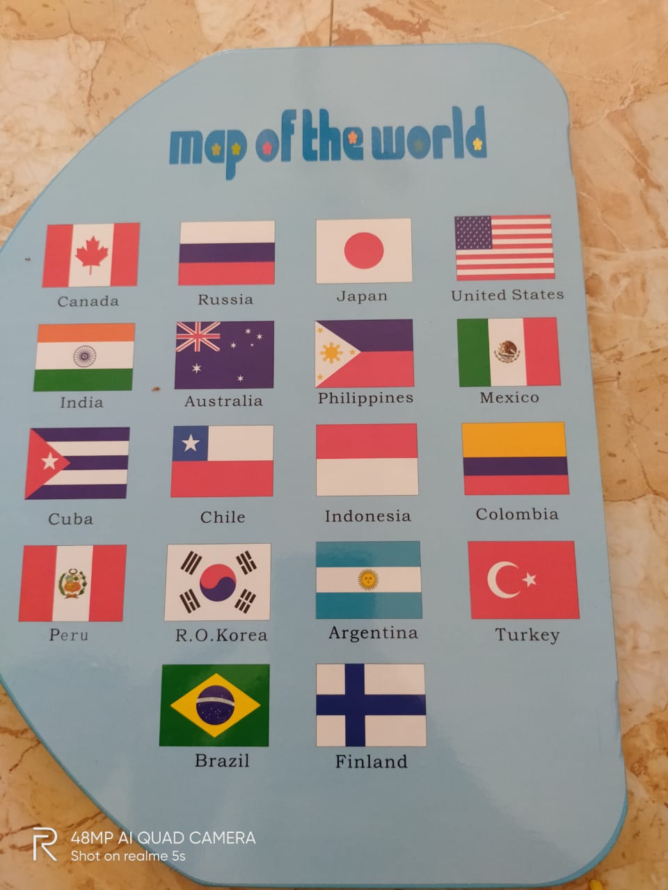 Wooden world map with Flag